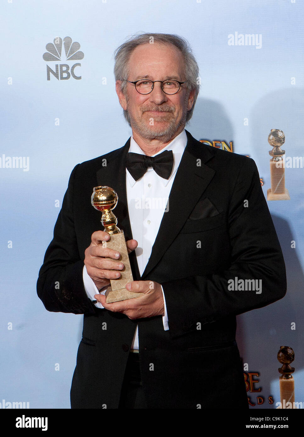 Director/producer Steven Spielberg poses in the press room with the ...