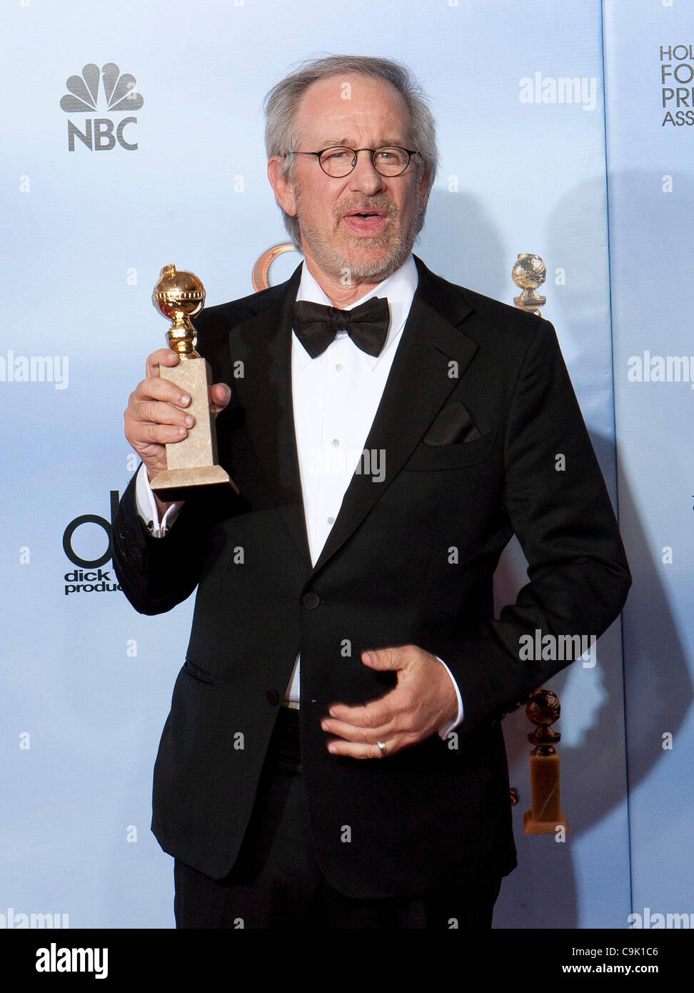Director/producer Steven Spielberg poses in the press room with the ...