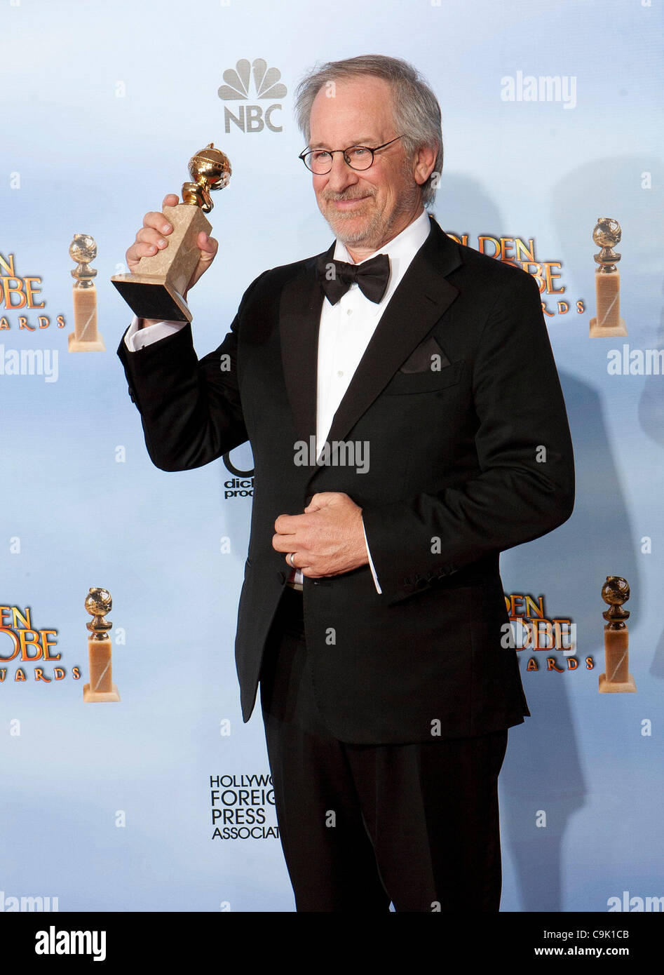 Director/producer Steven Spielberg poses in the press room with the ...
