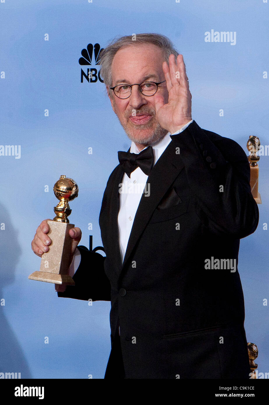 Director/producer Steven Spielberg poses in the press room with the ...