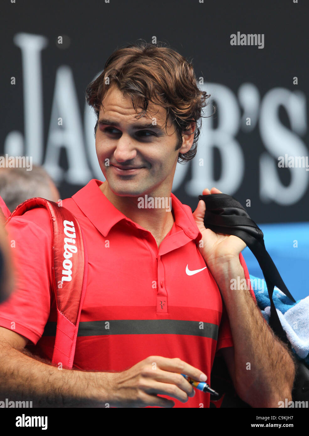 Roger Federer playing Ivo Karlovic at the Australian Open, Melbourne ...