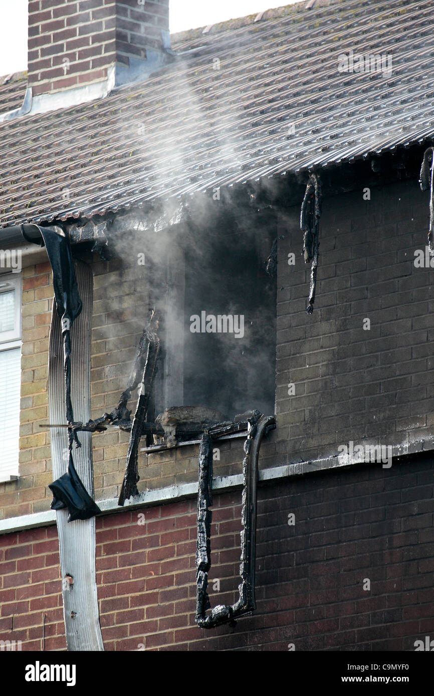 Smoke drifting from flat fire in Barking Stock Photo - Alamy