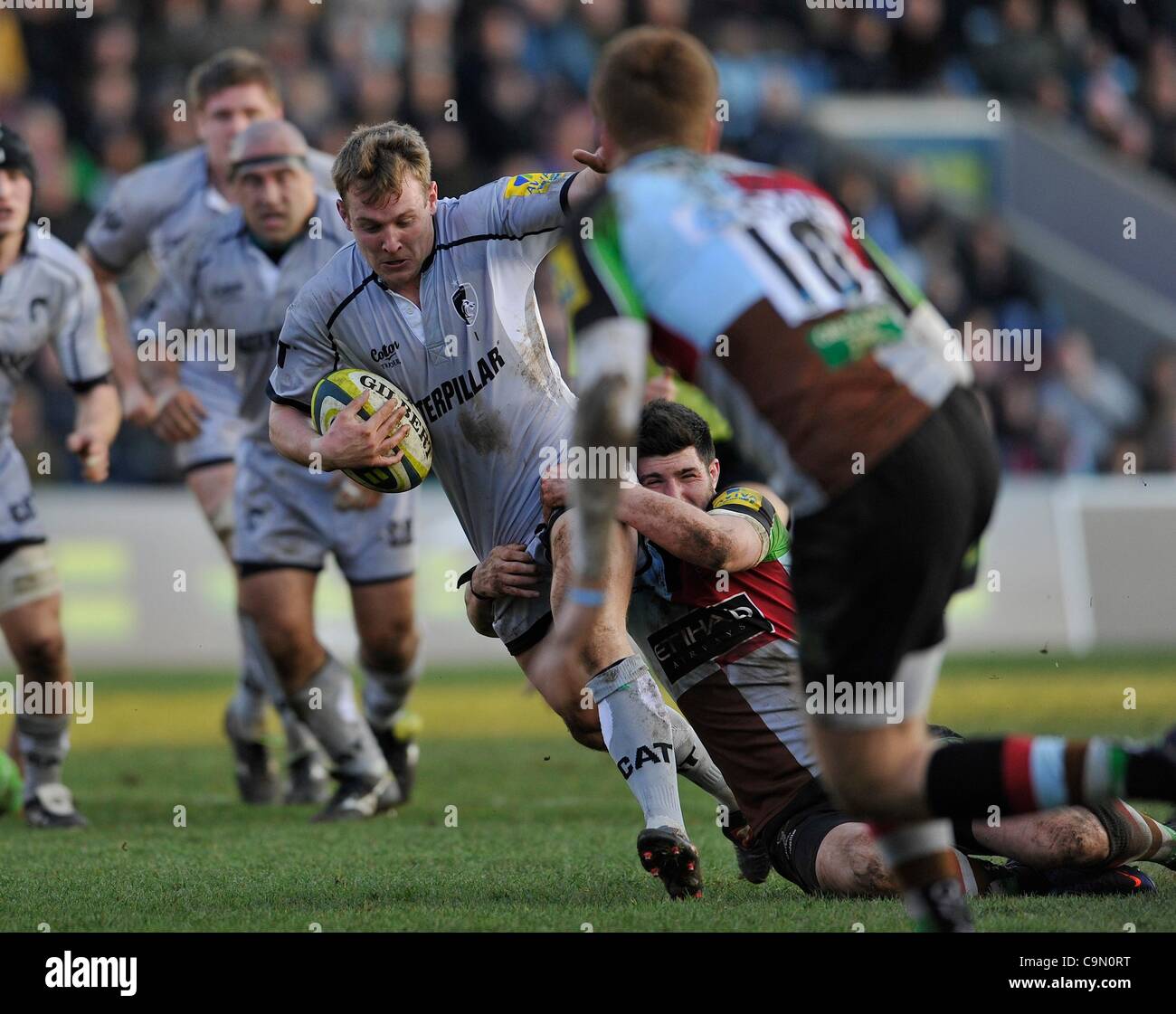 28.1.12. Rugby Union. Sam Harrison of Leicester Tigers in action during ...