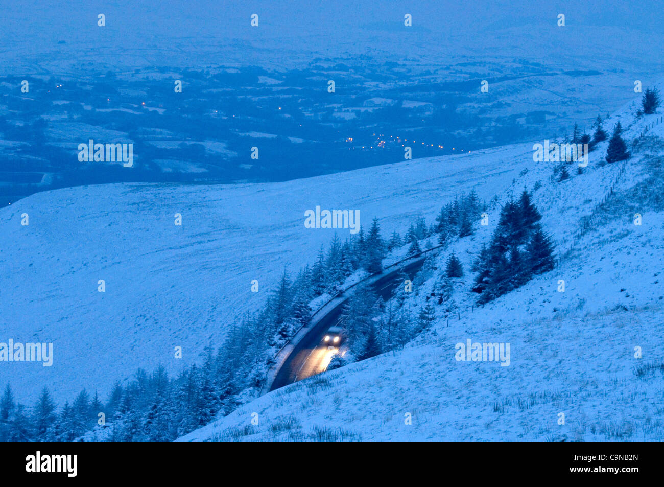 Motorists making down the Rhigos Mountain road as night falls in the ...