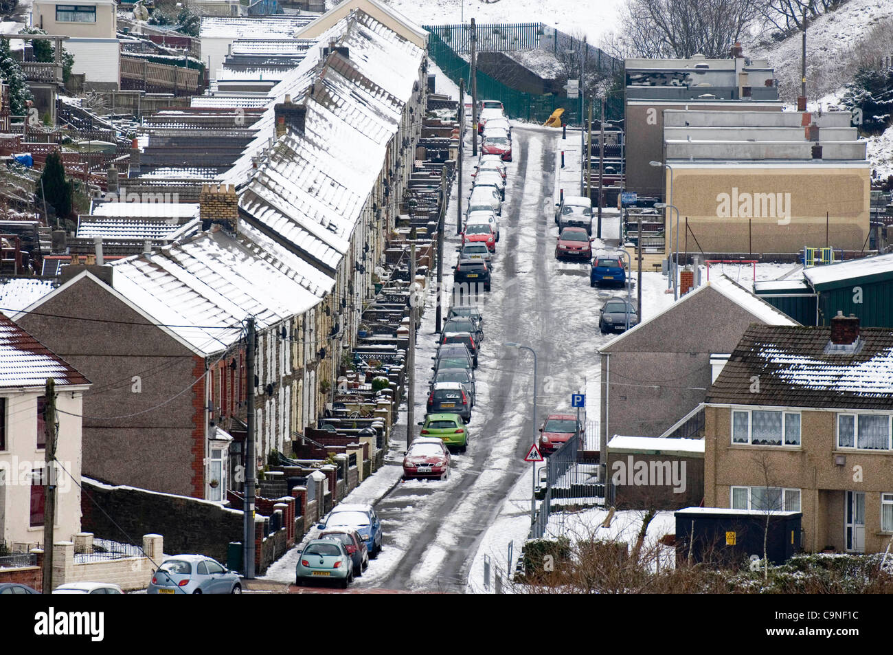 Picturesque snow scenes in the small village of Abergwynfi in the heart ...