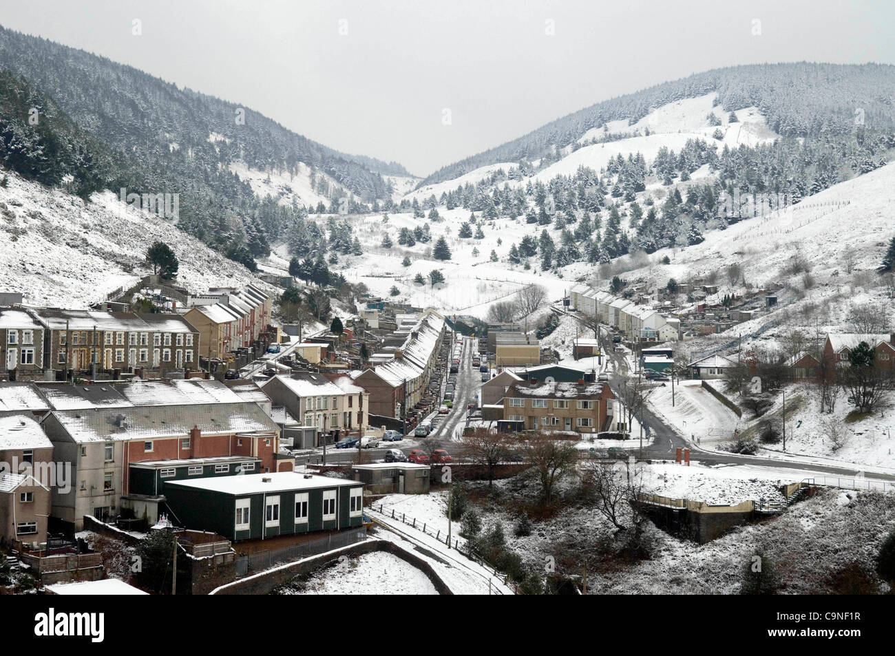 Picturesque snow scenes in the small village of Abergwynfi in the heart ...