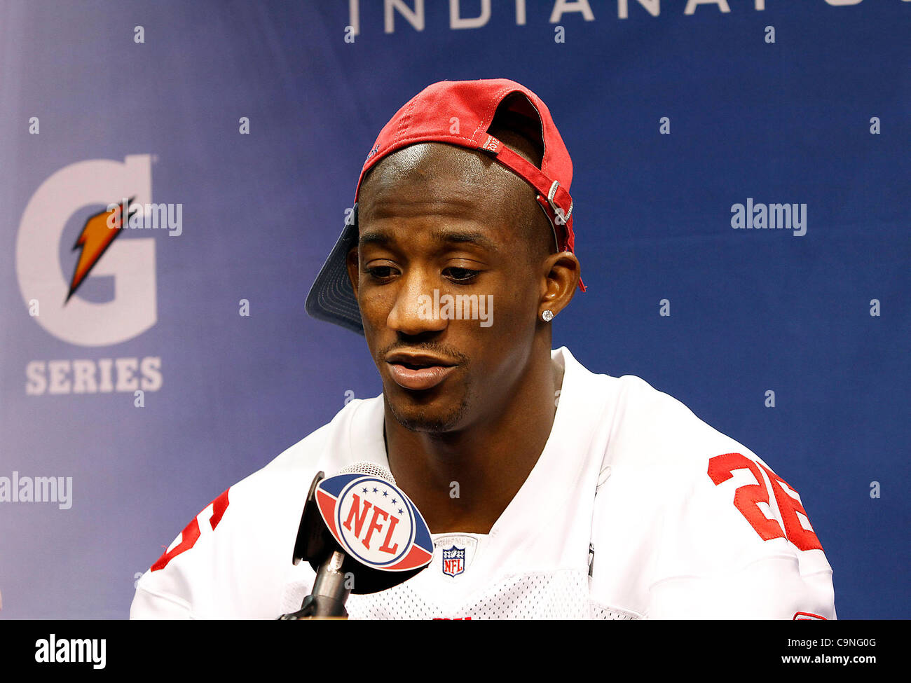 New York's Antrel Roll (26) answers questions during the Super Bowl ...