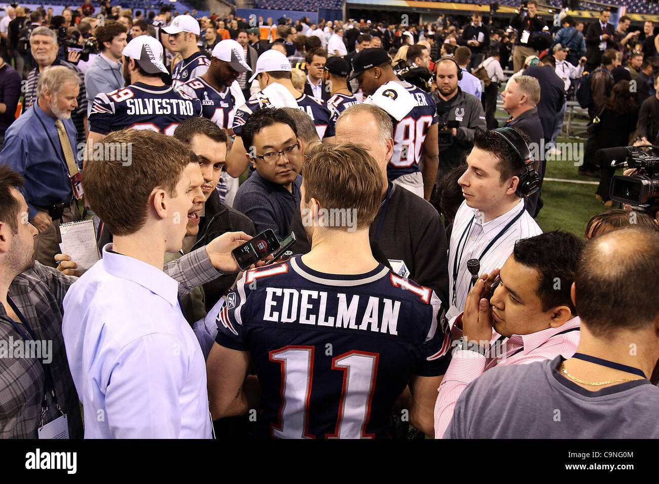 New England's Julian Edelman (11) answers questions during the Super ...