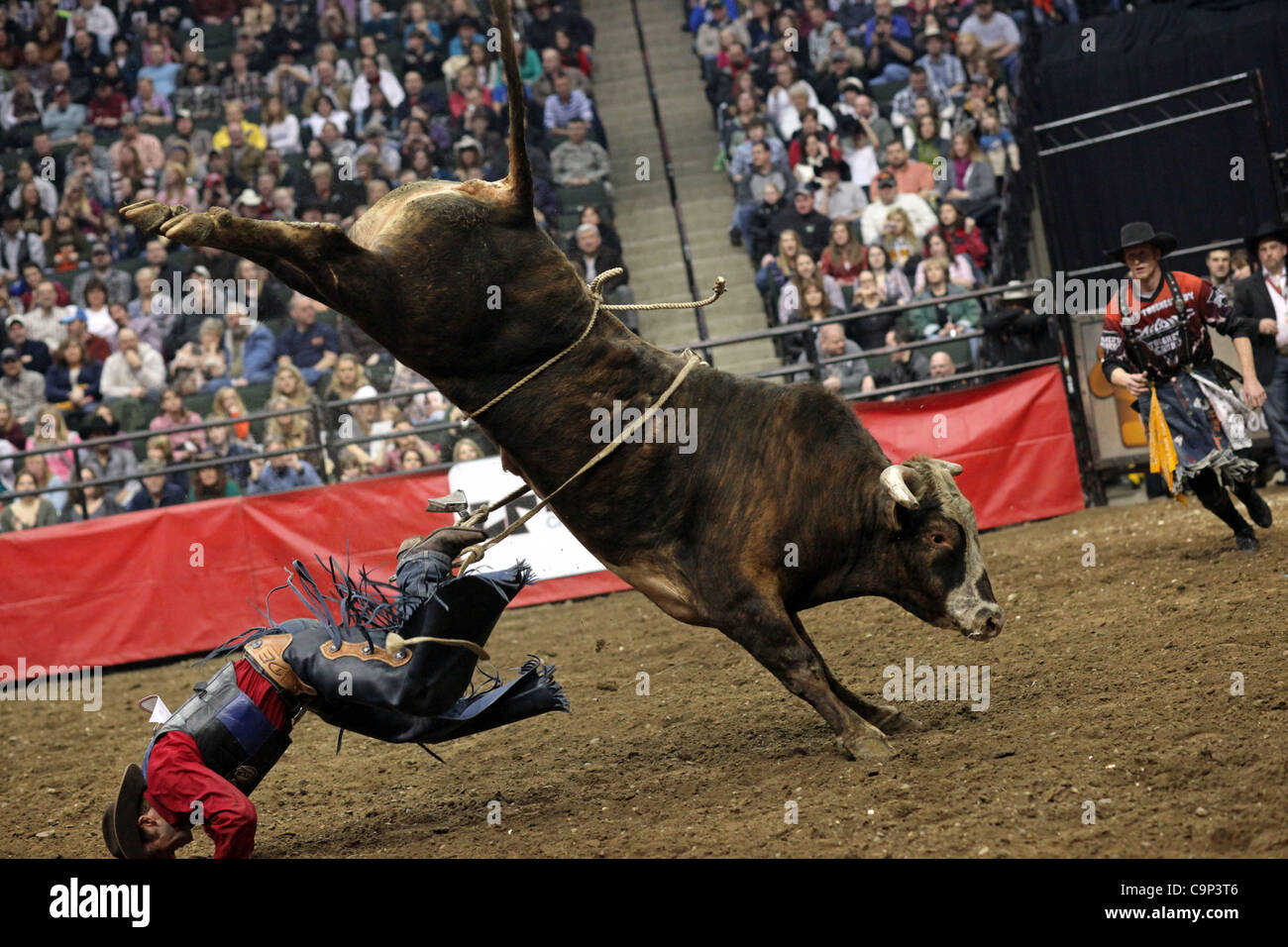 As one cowboy falls off a bull, another rushes to distract it during ...