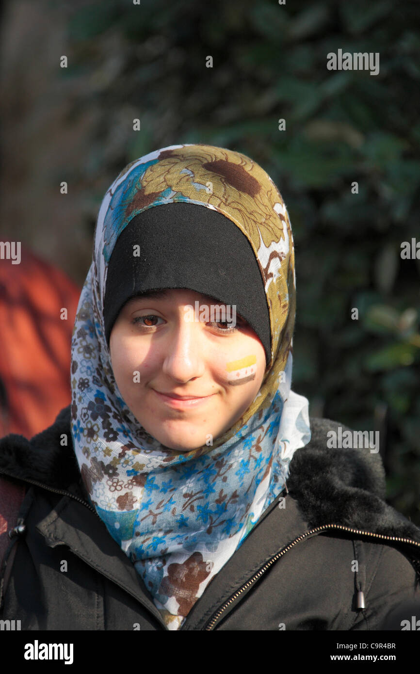 Young female Syrian protester at Syrian Embassy in London Stock Photo ...