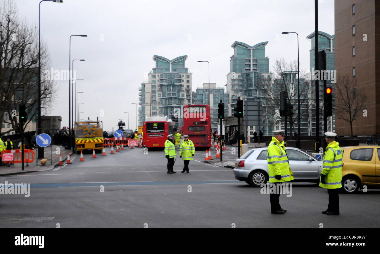 London, UK. 12/02/12. Traffic police block of Vauxhall Bridge as a ...
