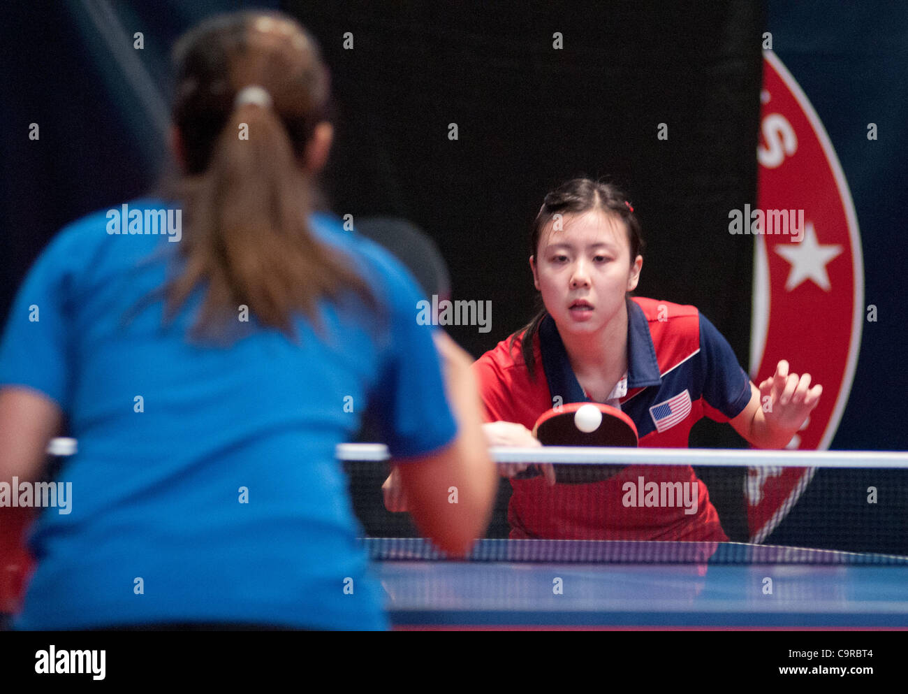 Ariel Hsing returns a serve at the U.S. Olympic table tennis trials in ...