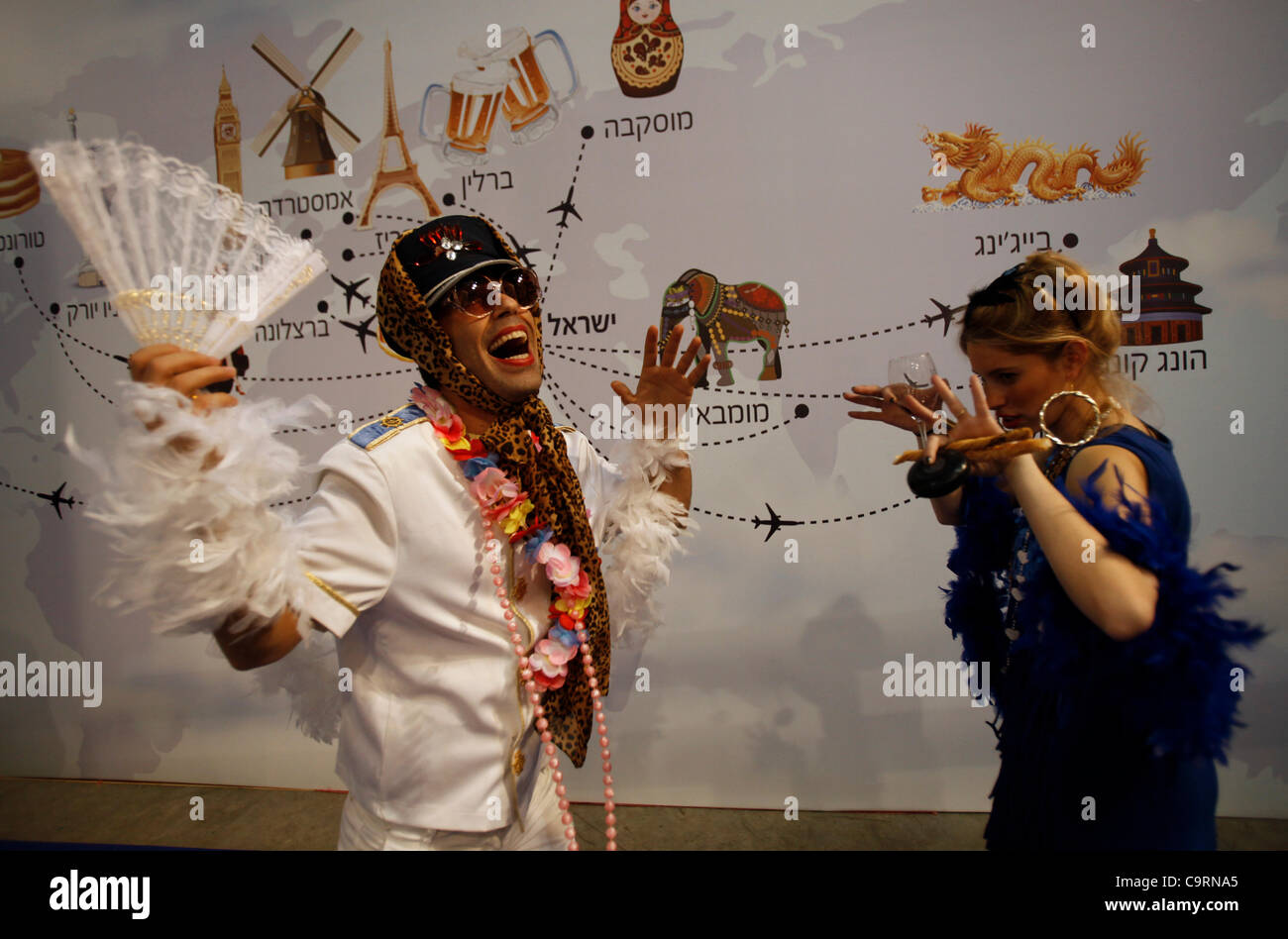 Young Israeli actors promoting an Israeli cruise line at the opening of ...