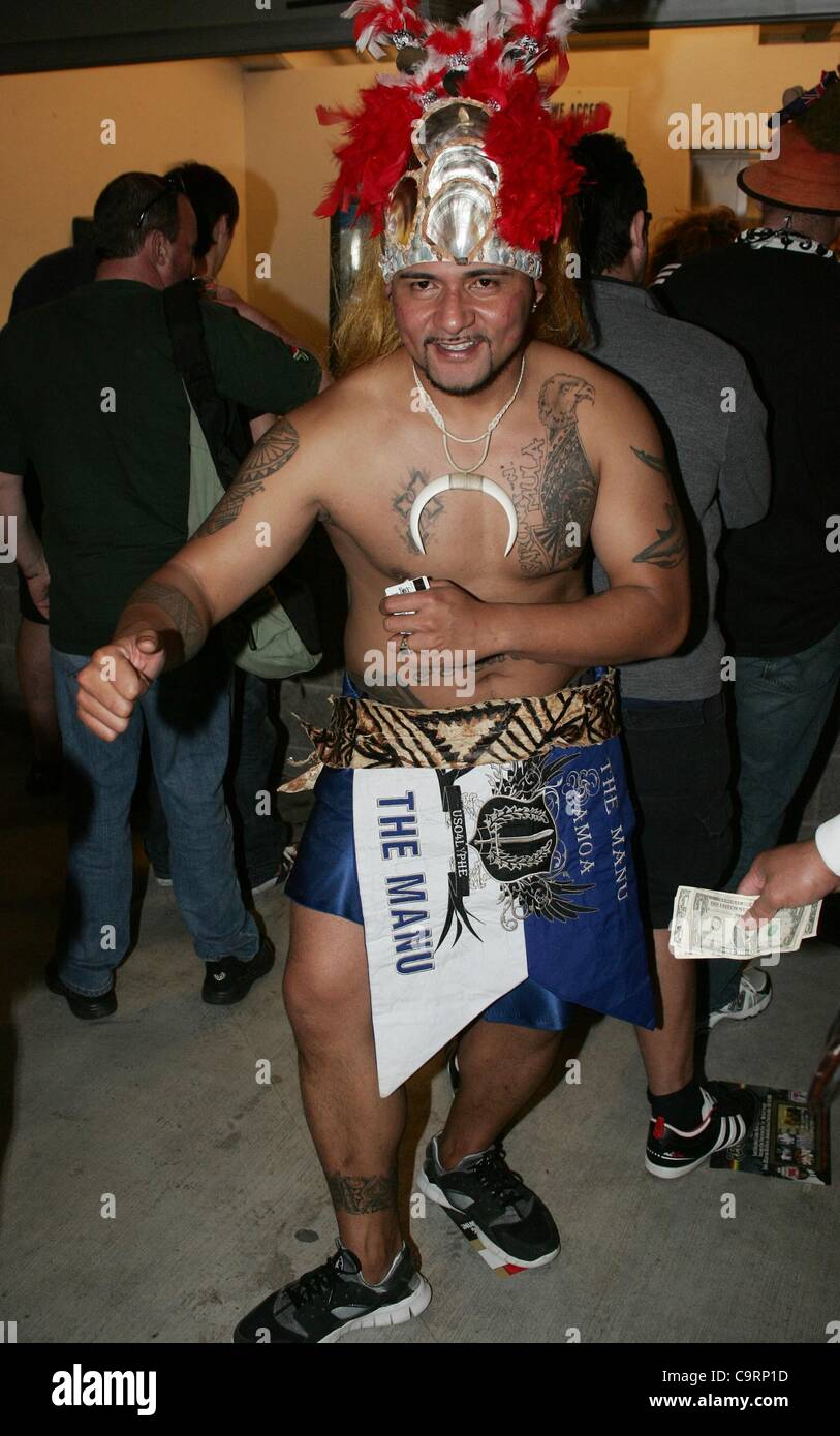 Samoa rugby fan dressed in a traditional samoan costume at a public ...