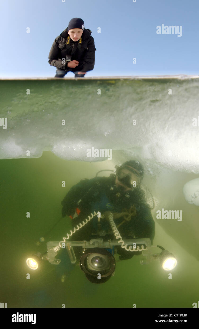 Split level, ice diving in the Black Sea, Odessa, Ukraine, Eastern ...