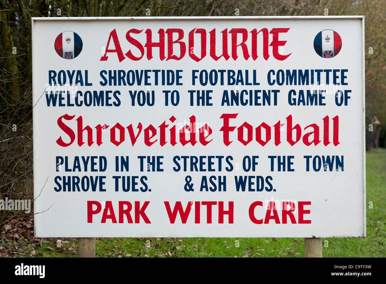 Warning sign for the Royal Shrovetide Football Match in Ashbourne ...