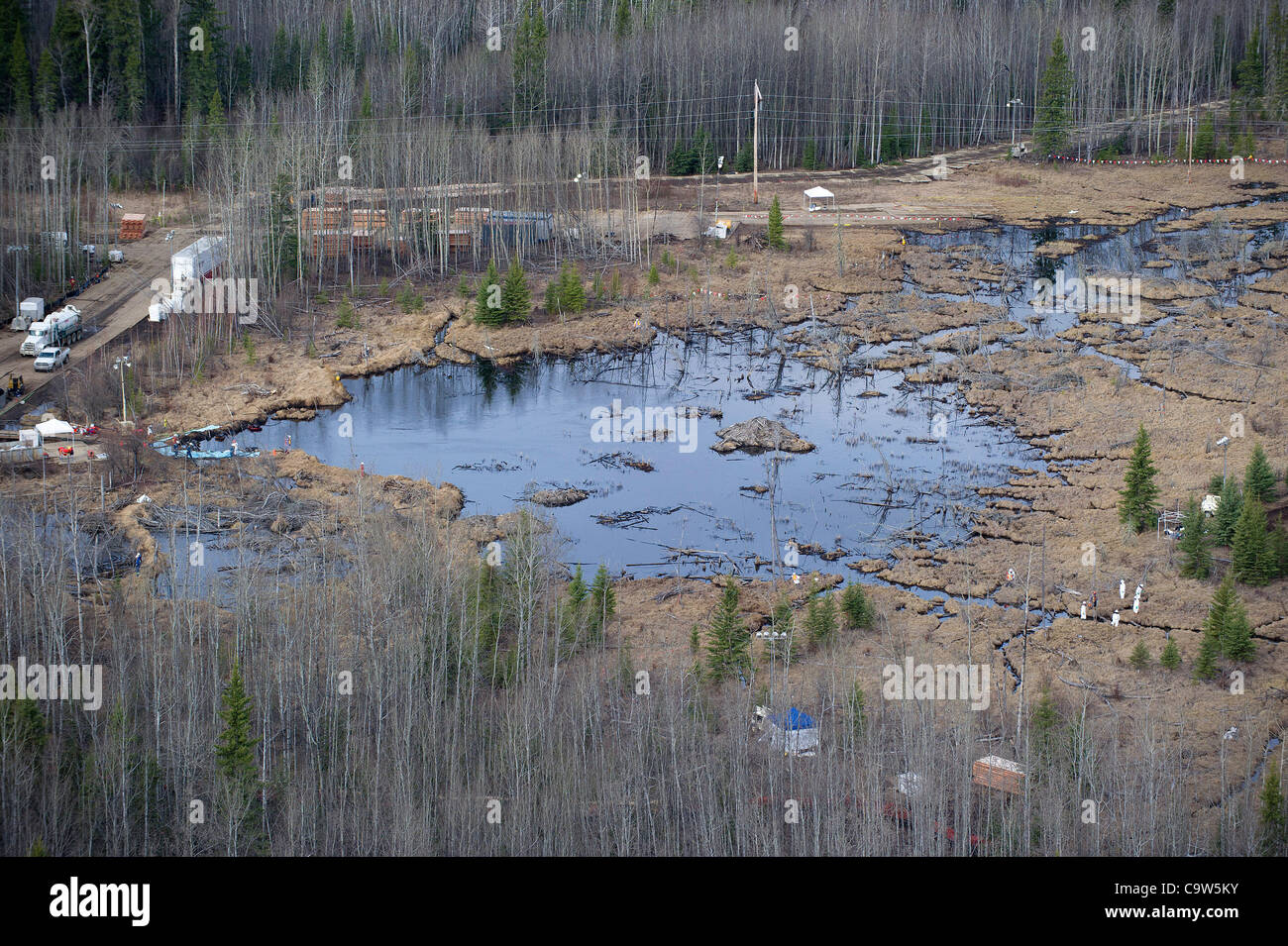 Crews work to clean up oil at a beaver dam from a pipeline spill, owned ...