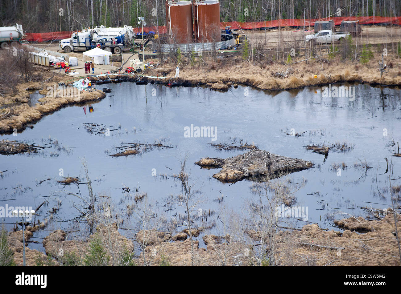 Crews work to clean up oil at a beaver dam from a pipeline spill, owned ...