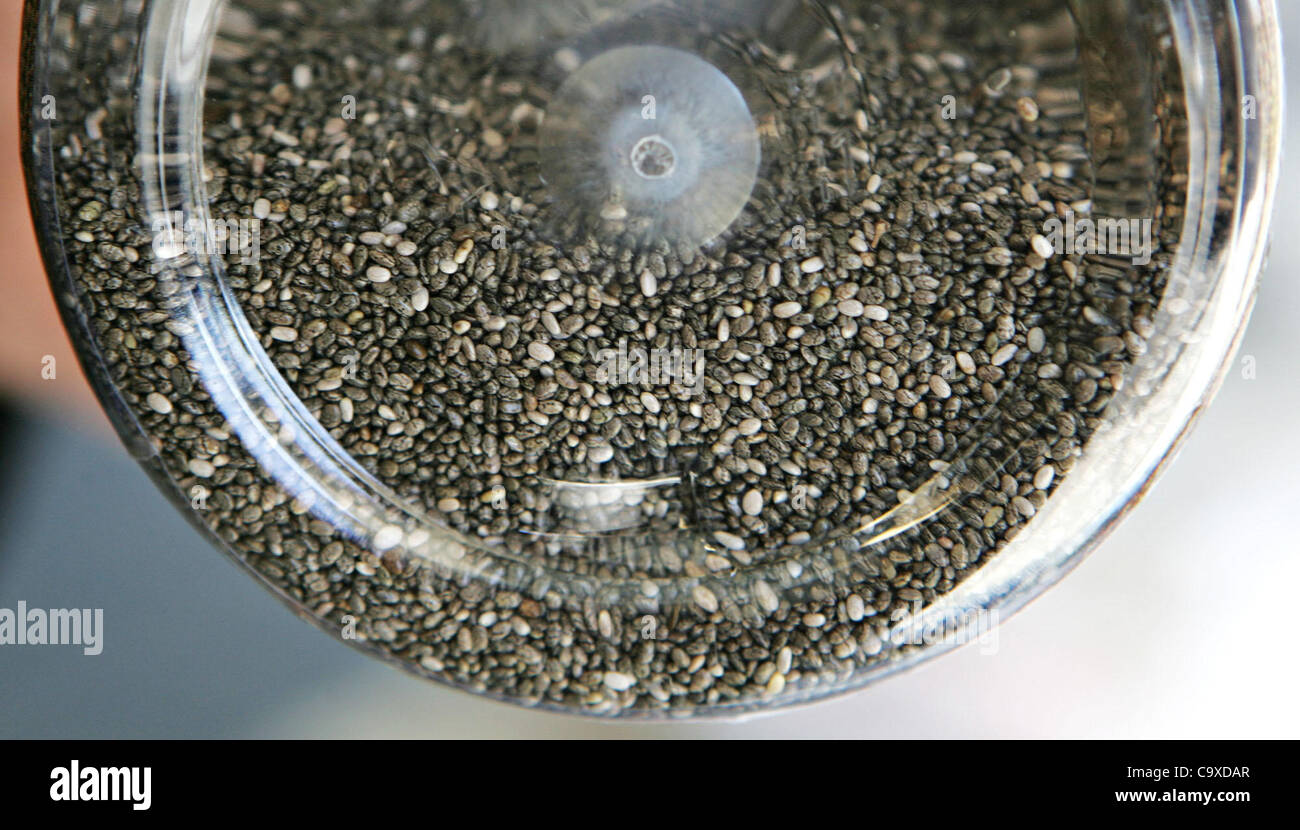 A close up of chia seeds, as seen through the plastic container. The ...