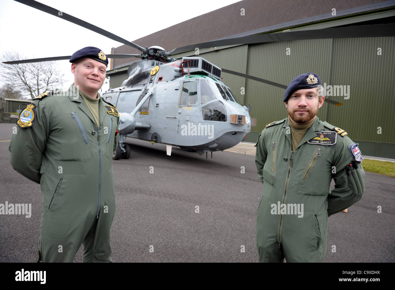 Royal Navy Sea King AEW air defence helicopter with crew members, UK ...