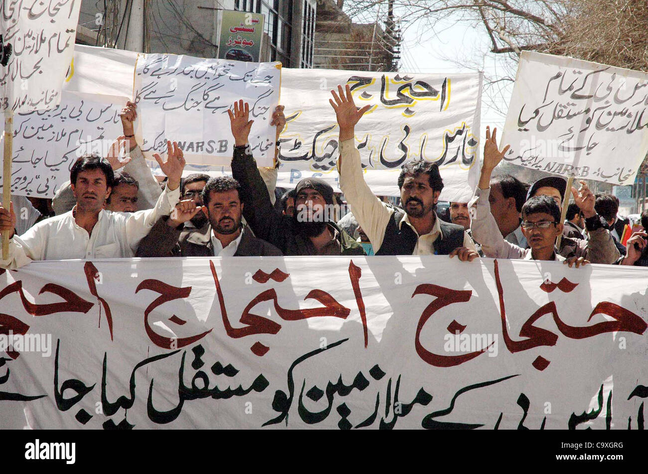 NARS-B Project employees chant slogans in favor of their demands during ...