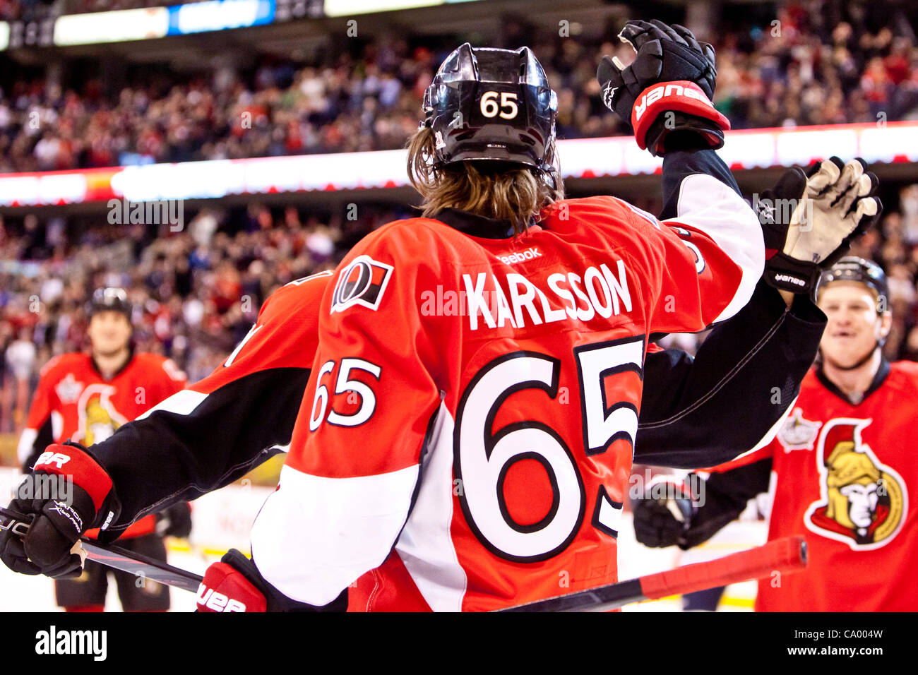 Mar. 10, 2012 - Ottawa, Ontario, Canada - Erik Karlsson(65) celebrates ...