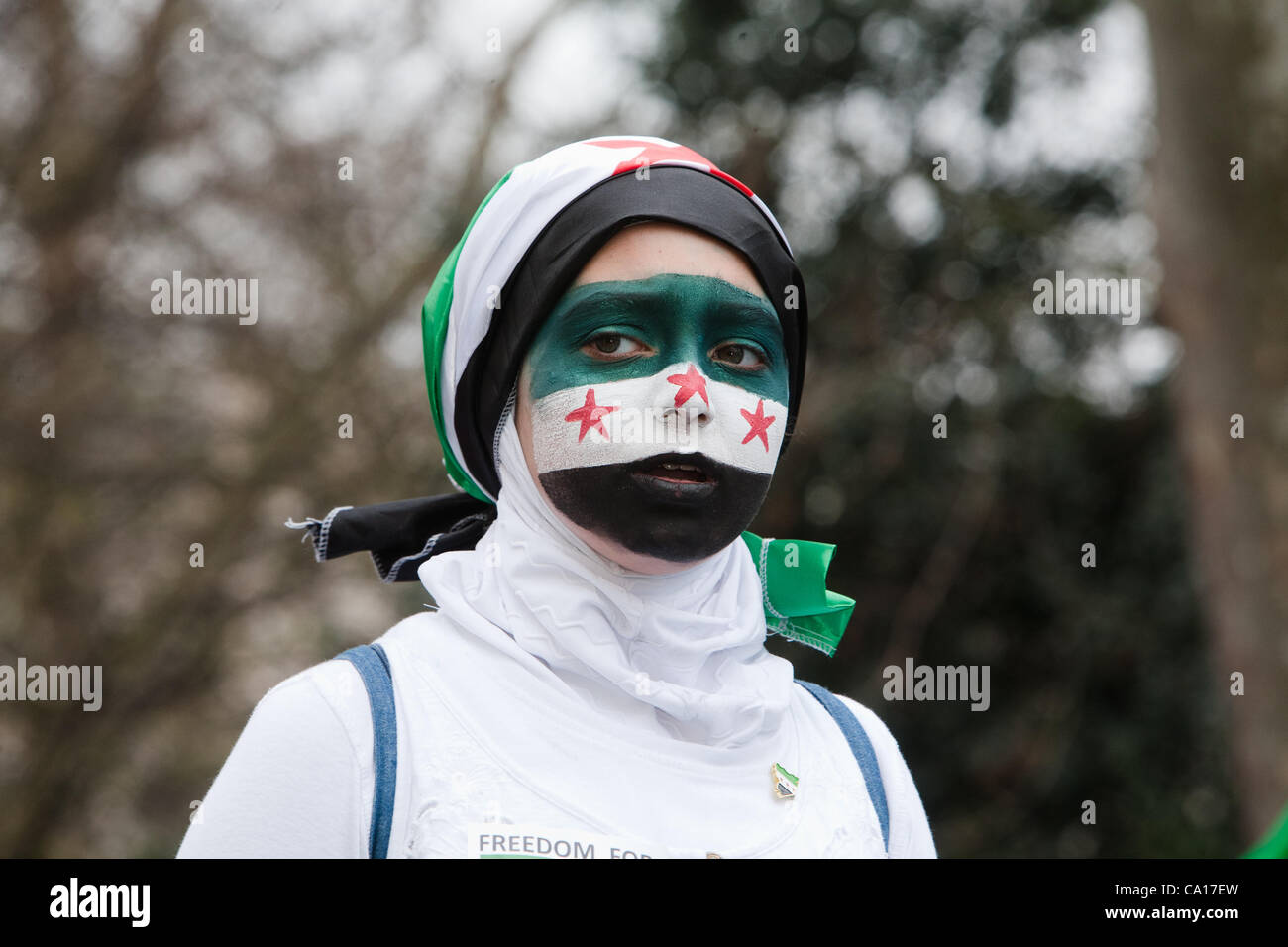 London, UK, 17/03/2012. Syrian protesters with face paint in the Syrian ...