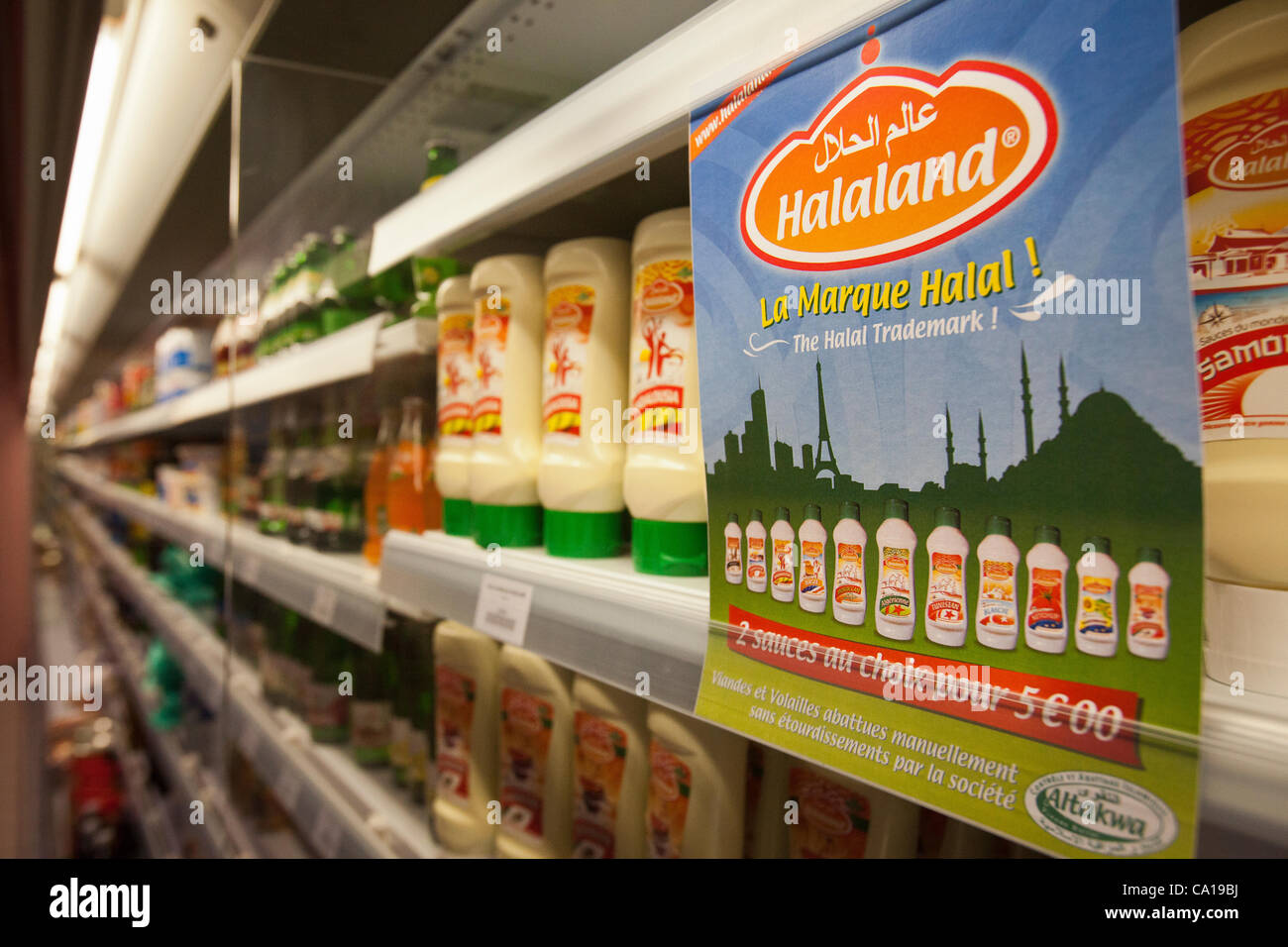 A sign advertising Halal sauces at a Halal supermarket in Nantes ...