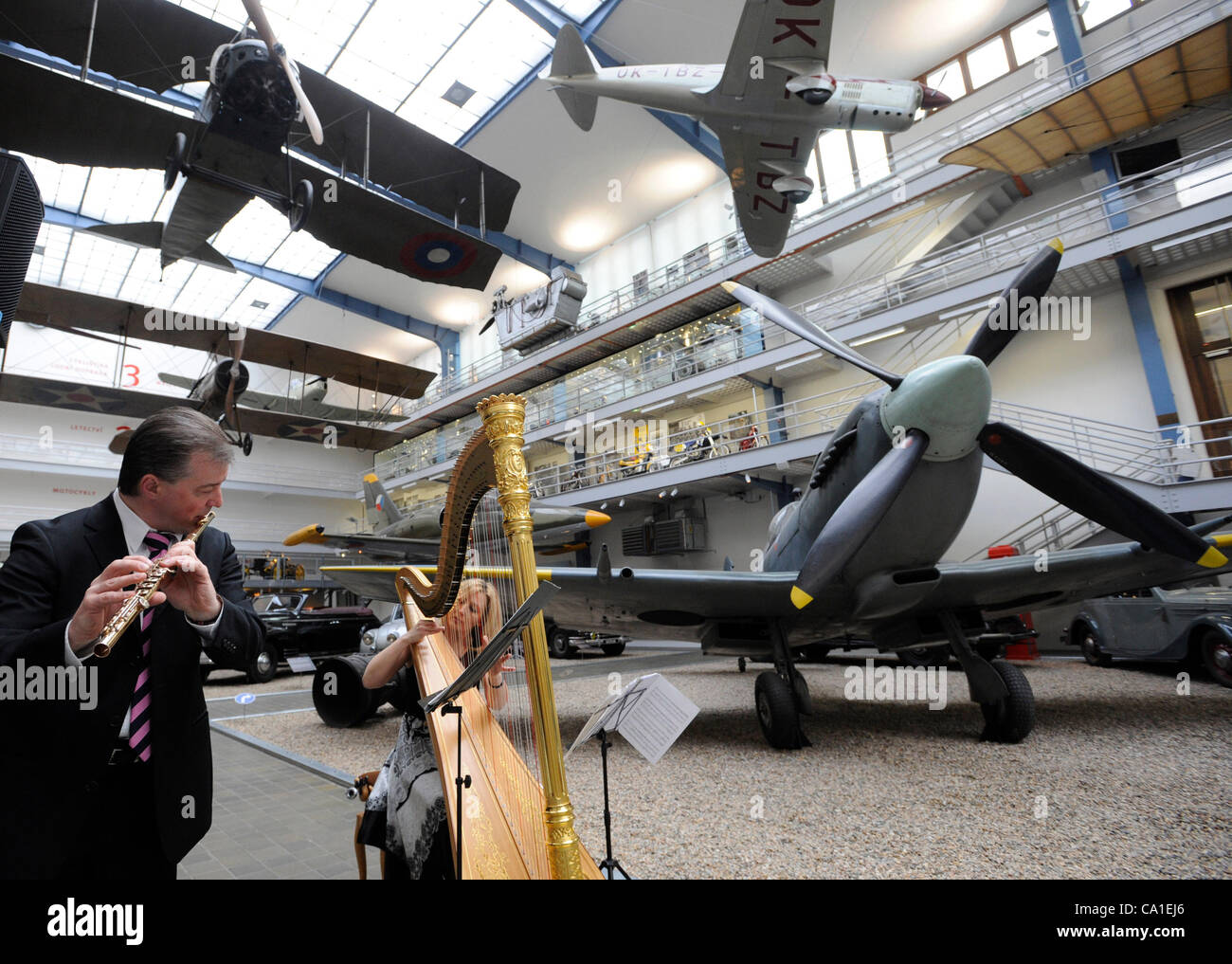 Harpist Jana Bouskova (right) and flautist Roman Novotny play in the ...