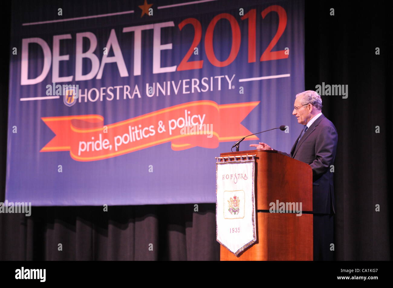 Journalists Bob Woodward (shown at podium) and Carl Bernstein speaking ...