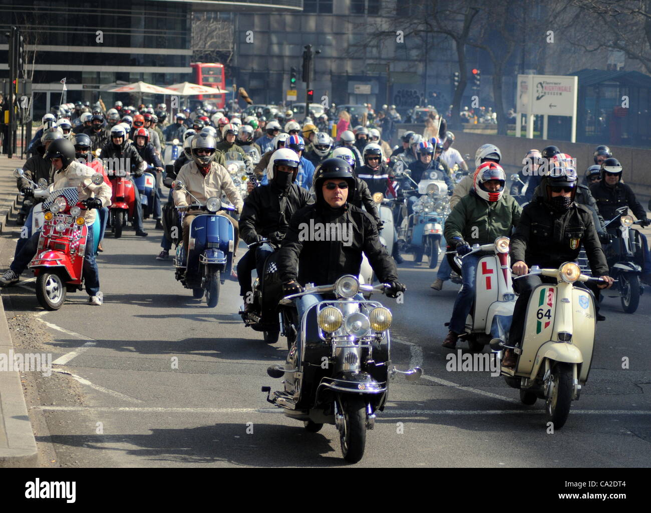 London, UK. Mods and Scooter Boys about to cross Westminster Bridge ...