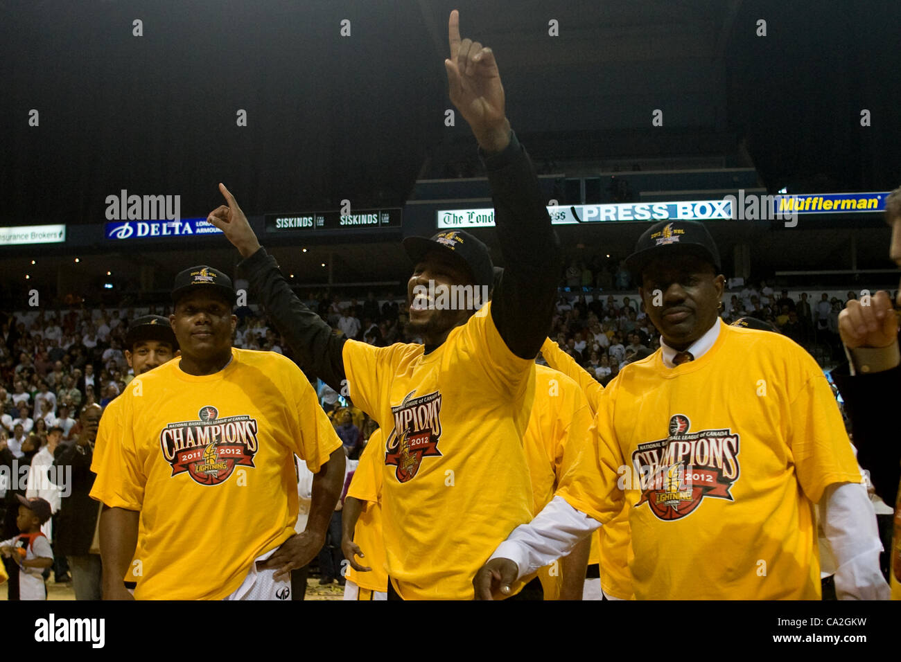 London Ontario, Canada - March 25, 2012. Gabe Freeman is flanked by ...