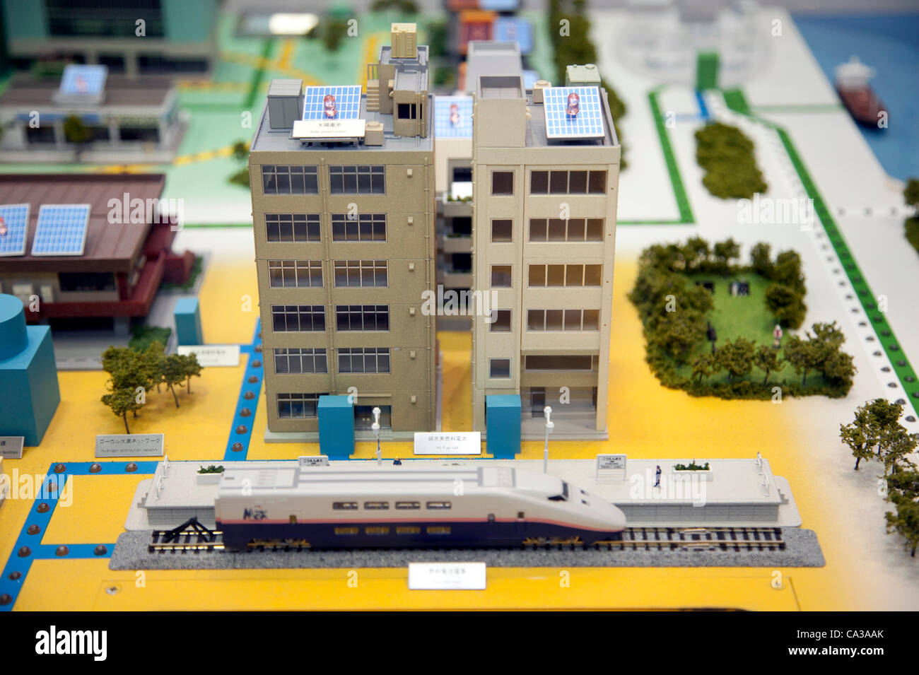 May 131, 2012, Tokyo, Japan - Small building shows a solar panel in the ...