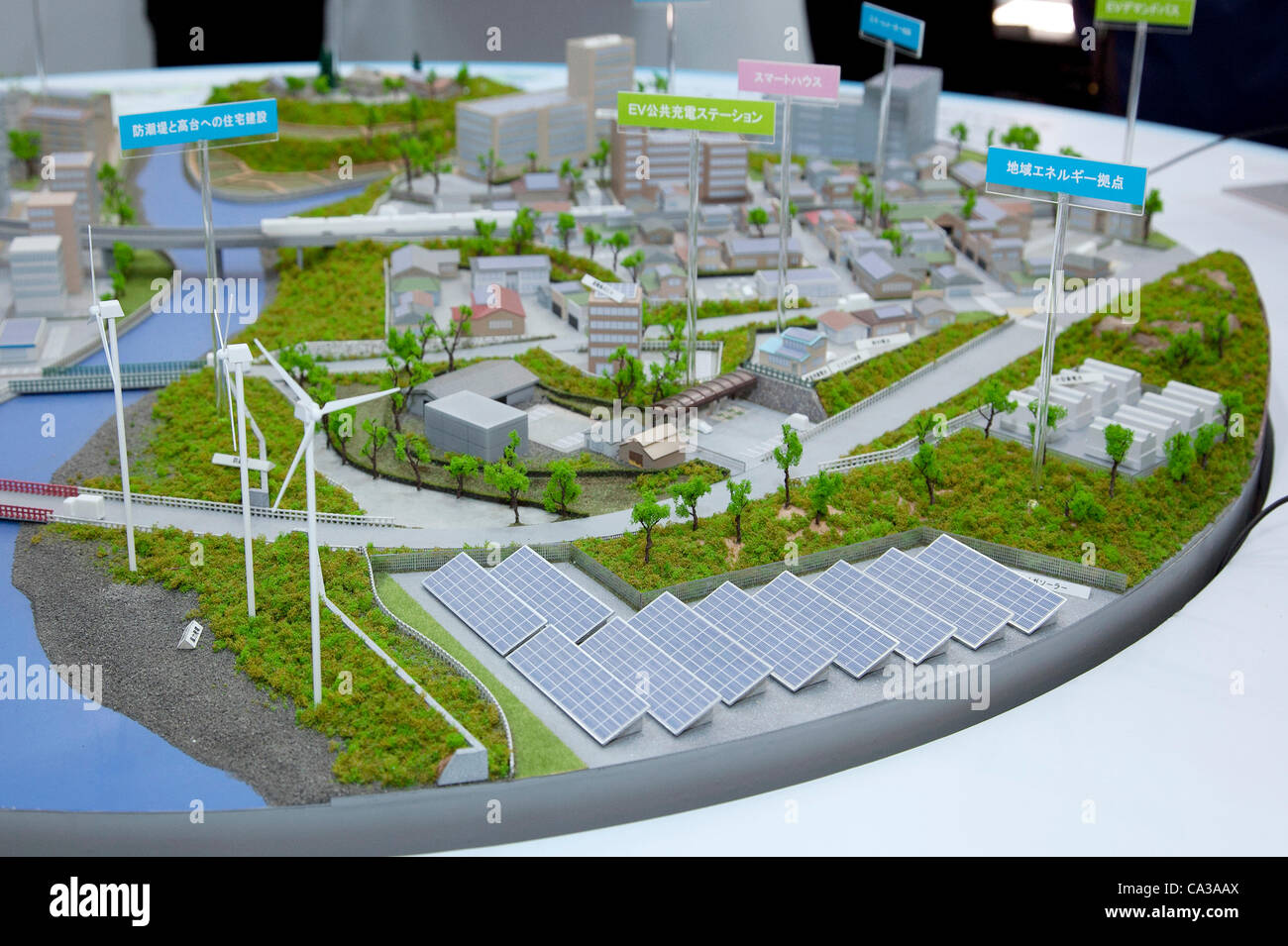 May 131, 2012, Tokyo, Japan - Small city shows a solar panels in the ...