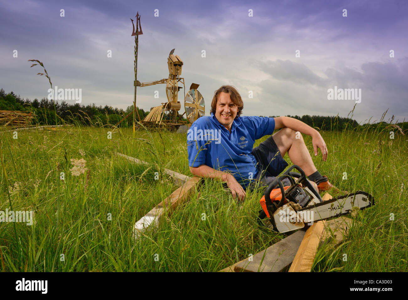Keith Pettit with his 40 foot bonfire sculpture of Britannia. The ...
