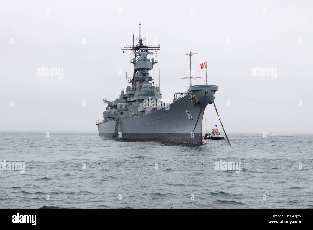 The American World War II battleship USS Iowa at anchor off the coast ...