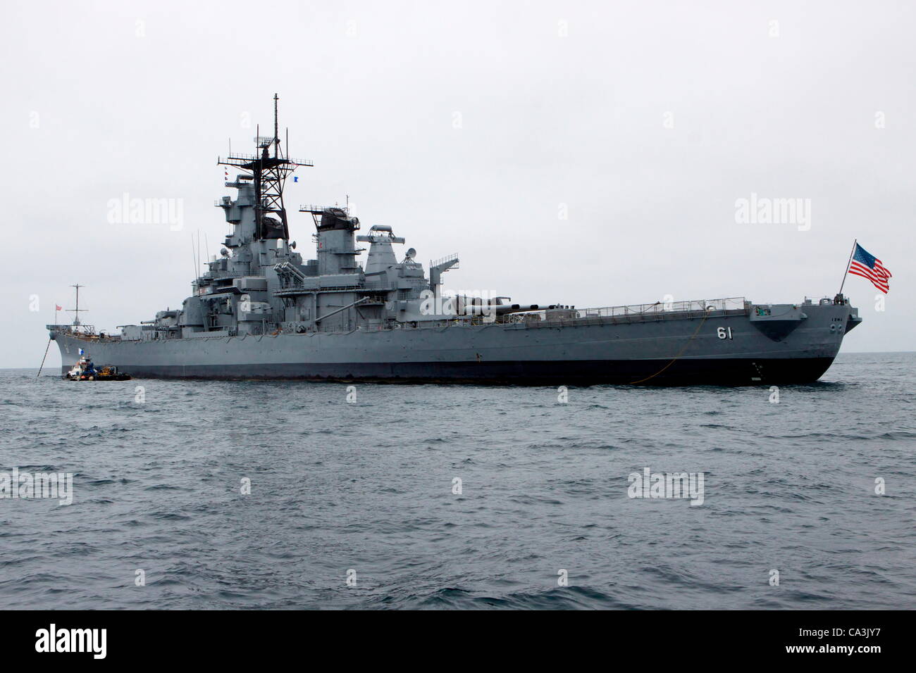 The American World War II battleship USS Iowa at anchor off the coast ...