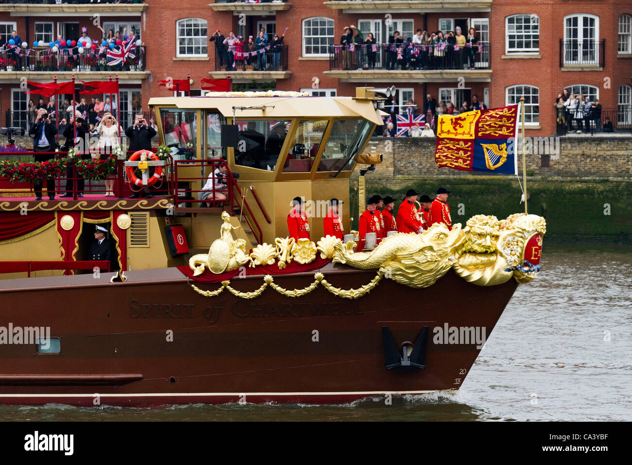 LONDON, UK, 3rd June 2012. The Queen's royal flag is displayed at the ...