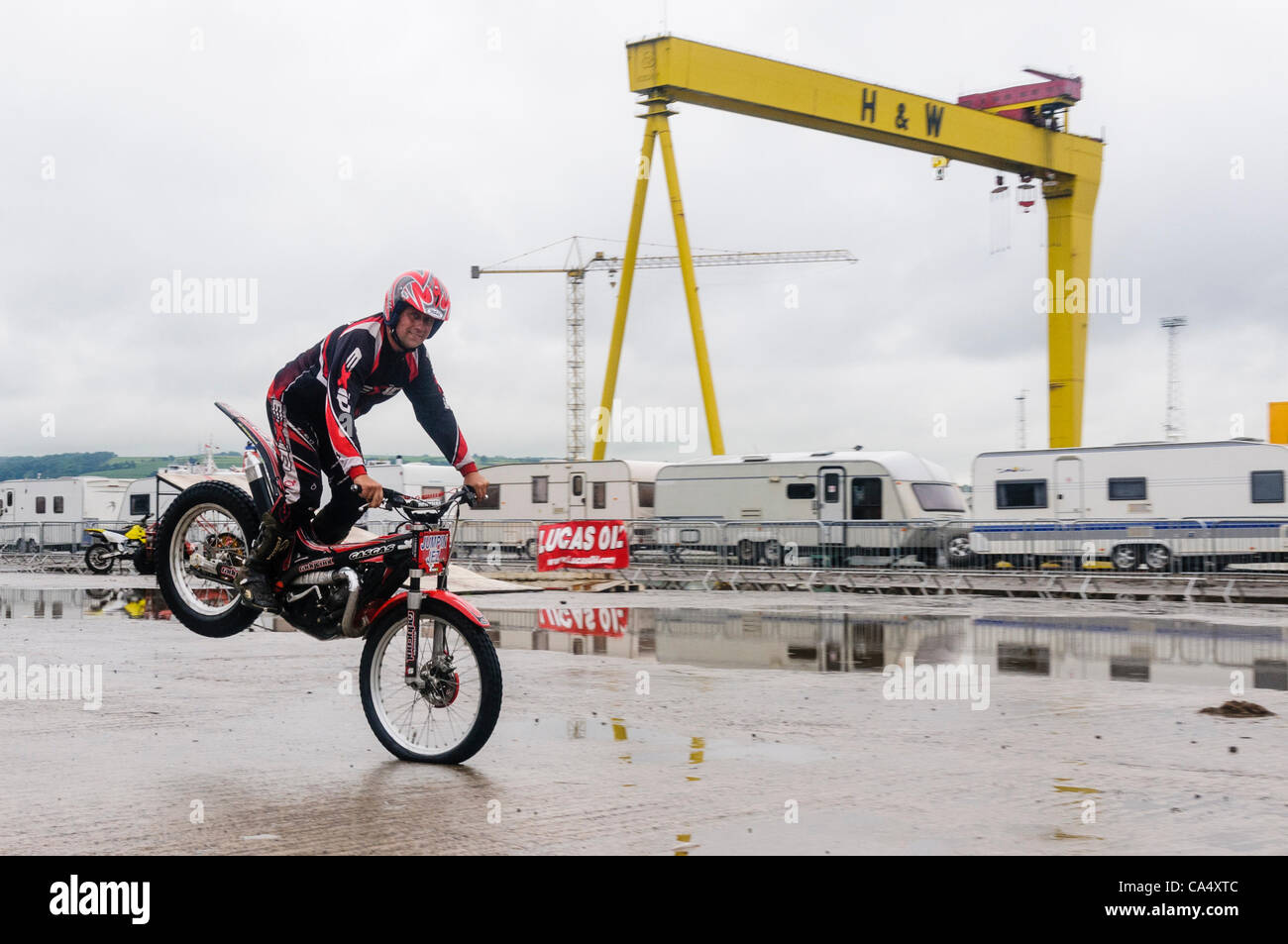 Northern Ireland, Belfast 08/06/2012 - Jez Avery does a one wheel stop ...