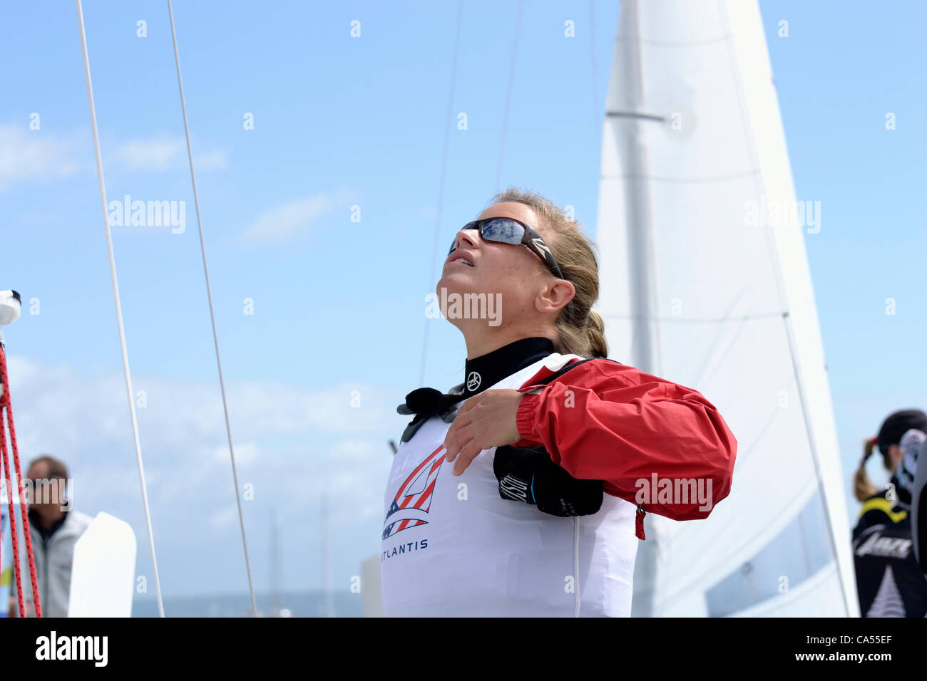 Weymouth, UK, 9th June, 2012, Amanda Clark, USA 470W helm, checks the ...