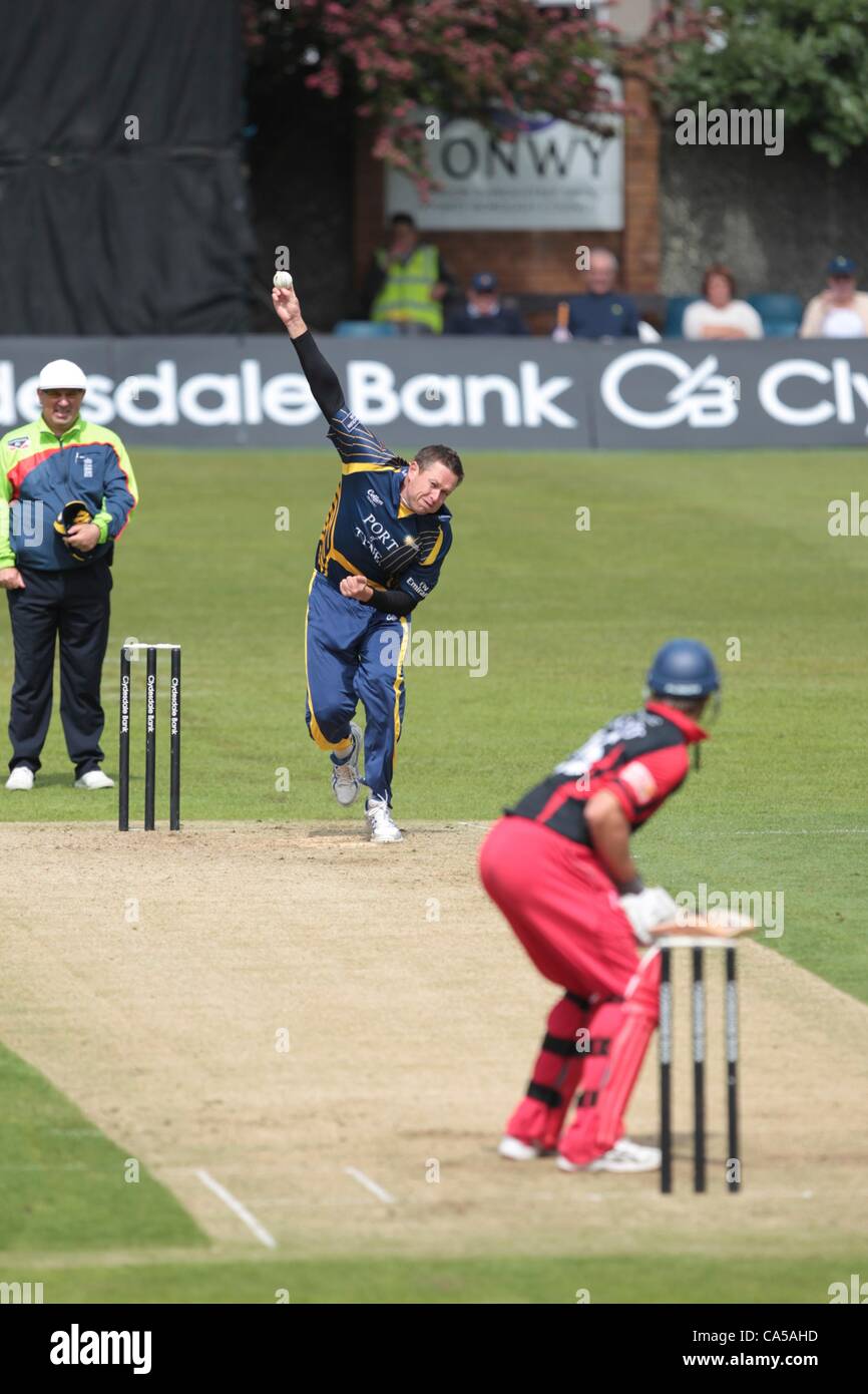 10.06.2012 Colwyn Bay Wales. Mitchell Claydon in action during the ...