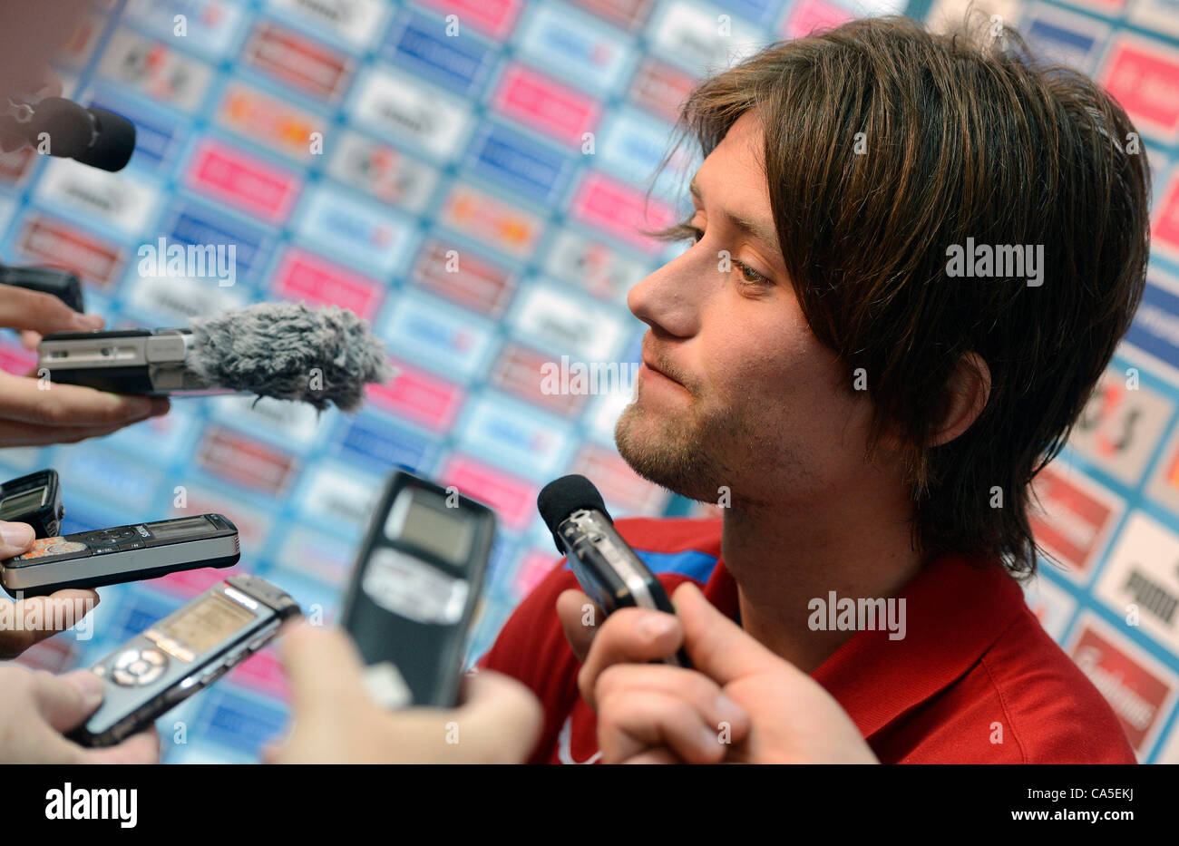 Czech national soccer player Tomas Rosicky speak to journalists during ...