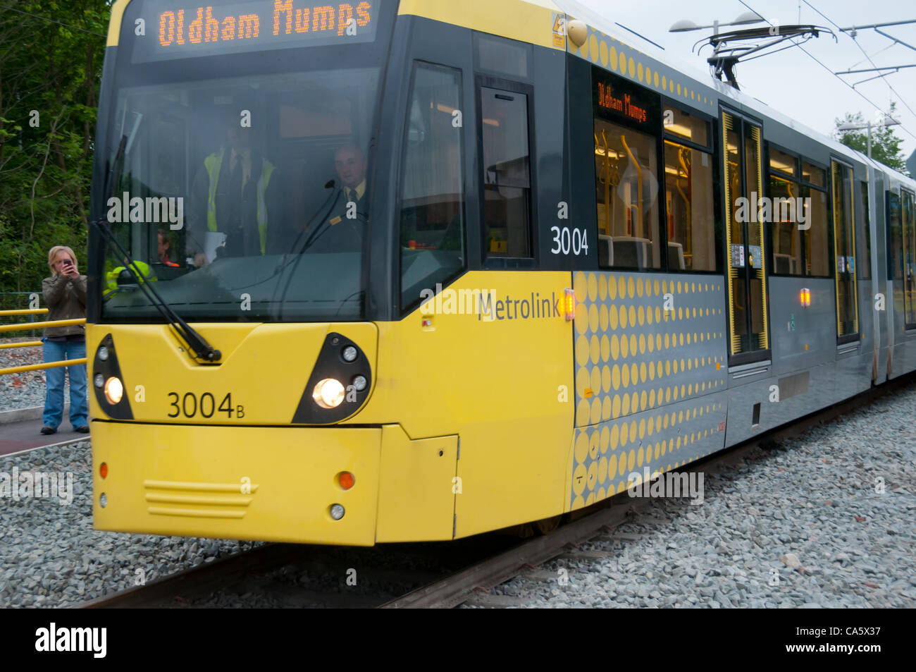 13 June 2012. A Metrolink tram at Oldham Mumps stop after completing ...