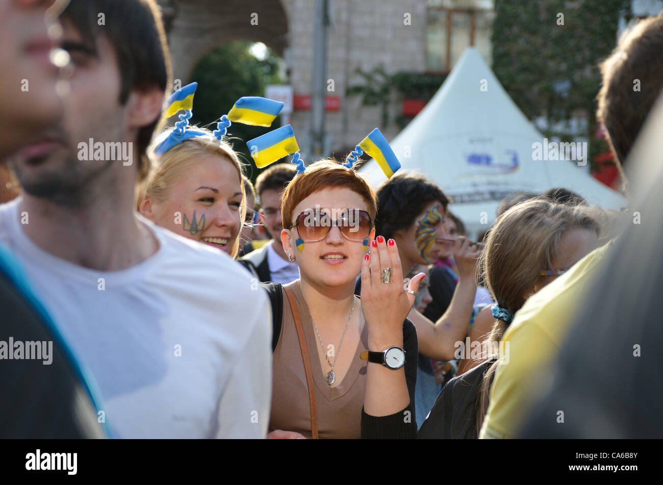 KIEV, UKRAINE - JUNE 15: Ukrainian fans in the fan zone in Kiev watch ...