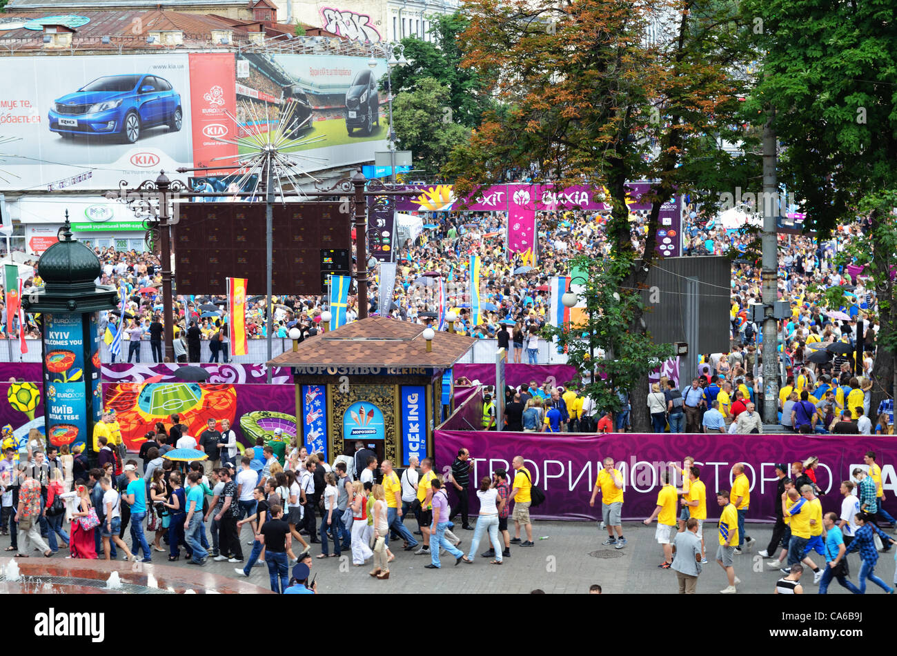 KIEV, UKRAINE - JUNE 15: Ukrainian fans in the fan zone in Kiev watch ...