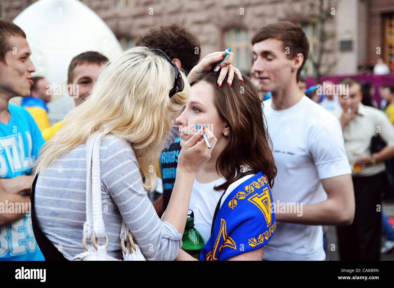 KIEV, UKRAINE - JUNE 15: Ukrainian fans in the fan zone in Kiev watch ...
