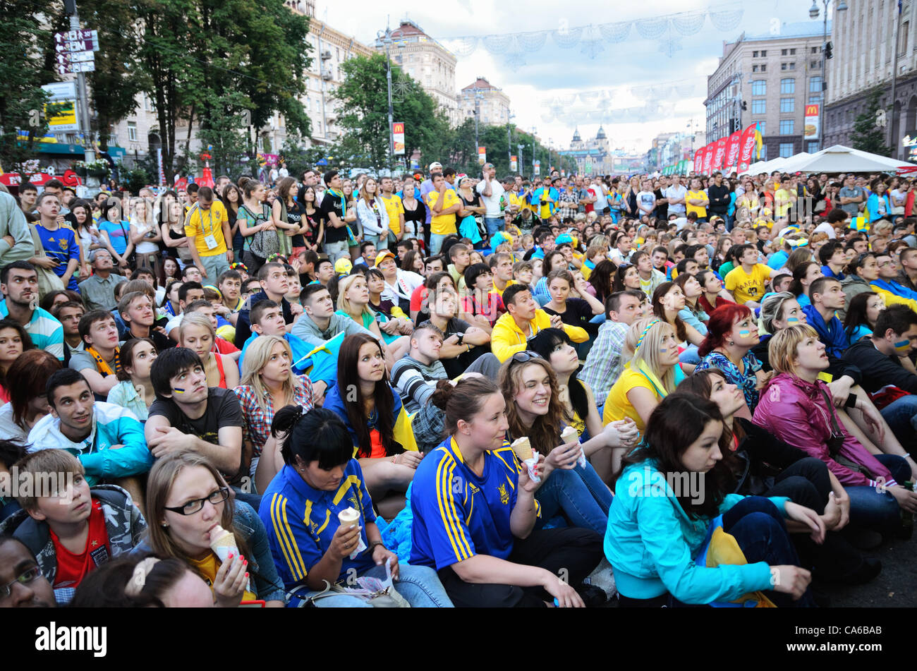 KIEV, UKRAINE - JUNE 15: Ukrainian fans in the fan zone in Kiev watch ...
