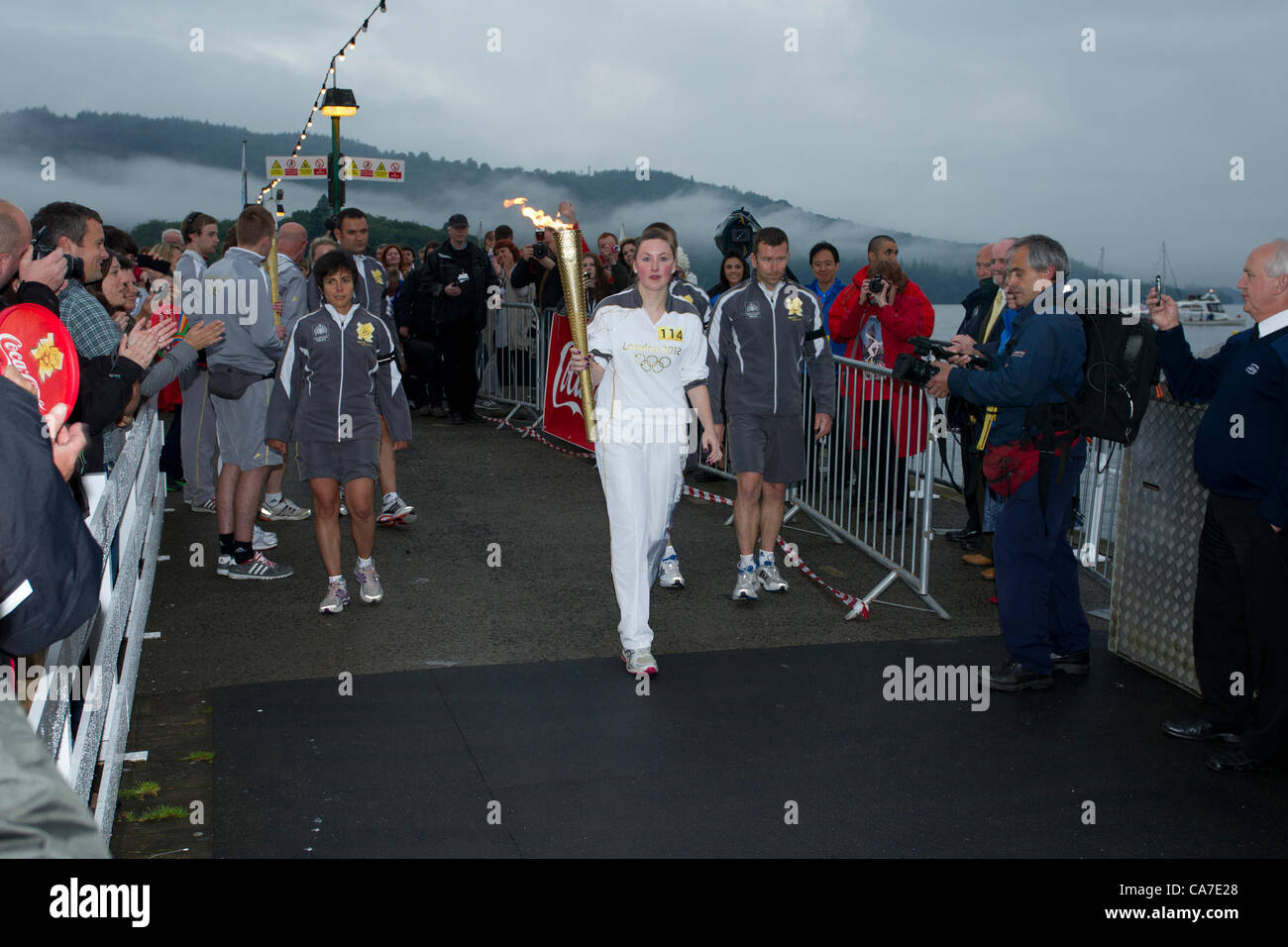 Jan Booth arriving at pier head Bowness on Windermere with Olympic ...