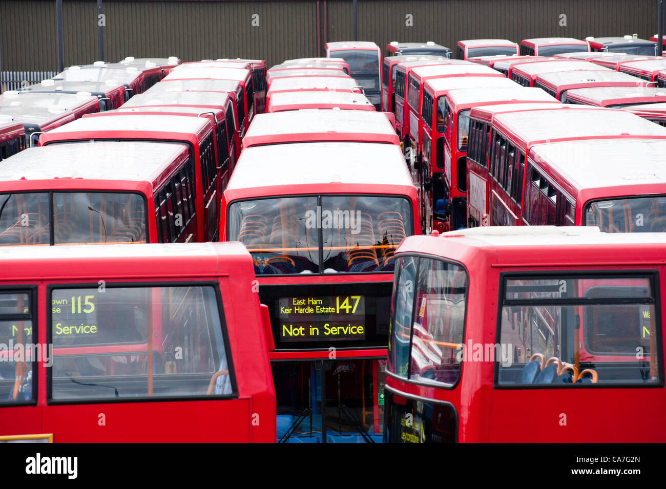 LONDON, UK - 22nd June 2012: Buses remain parked in West Ham Bus Garage ...