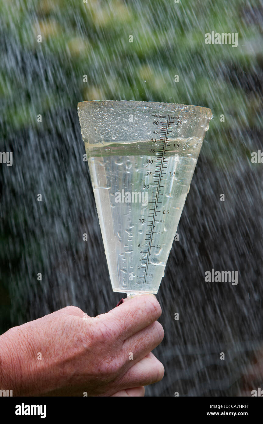 Excessive British rainfall in the UK 22 June Garden rain gauge showing ...
